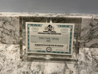 1985 IPO Stock Certificate Firemen’s Fund INSURANCE Company Lucite ...