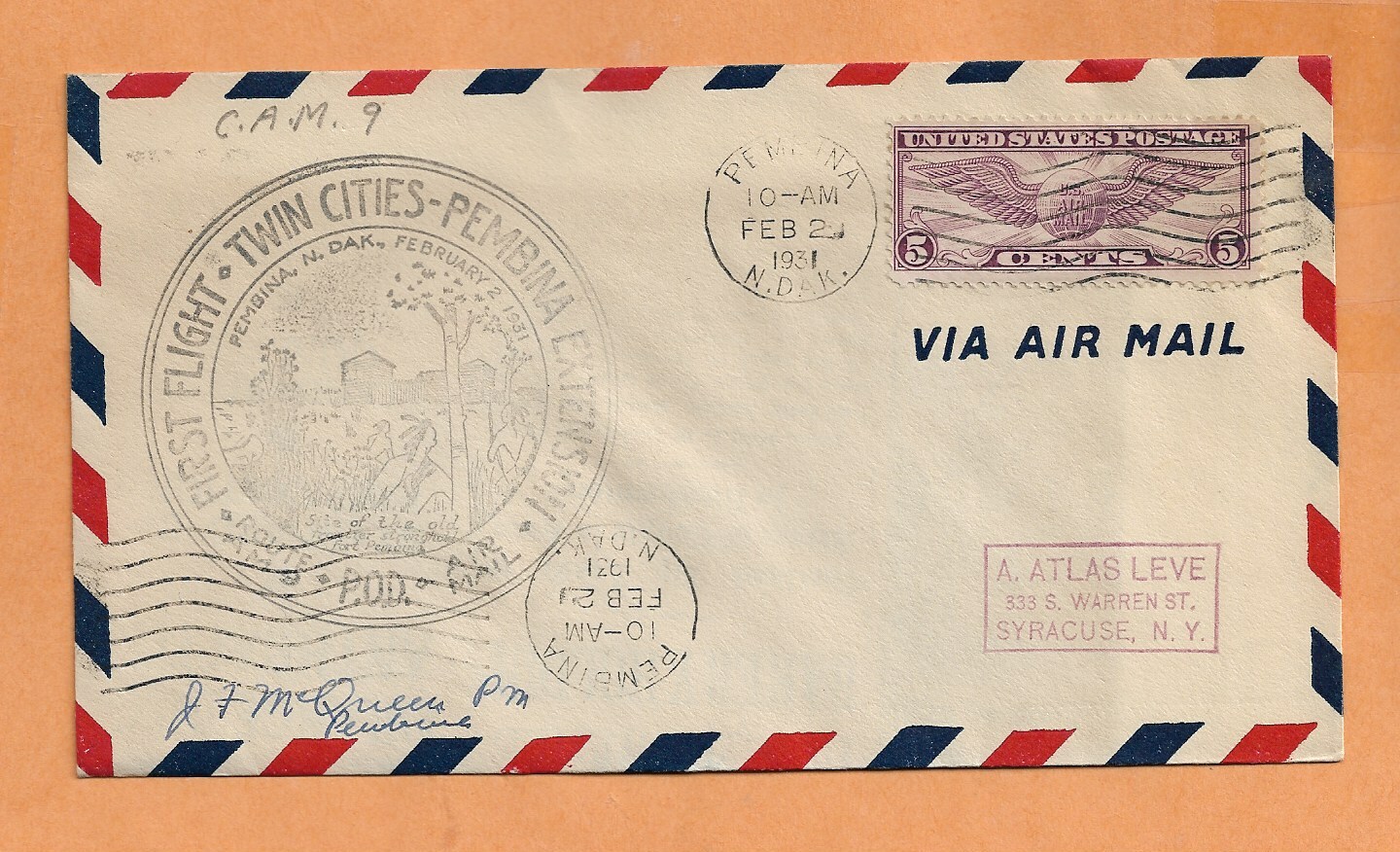 US # C16 FIRST FLIGHT CAM 9 PEMBINA N DAK FEB 2,1931 | eBay