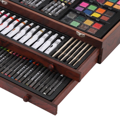 142PCS Set Wooden Art Set 24PCS Colored Pencils 24PCS Oil Pastels 60PCS ...