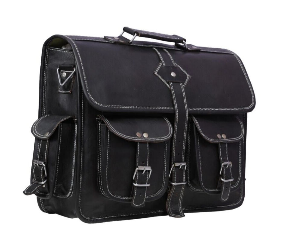 16" Black Real Leather Messenger Bag Men Women Briefcase Laptop ...