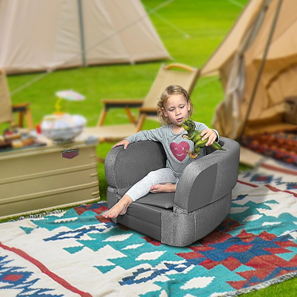 2-in-1 Kids Travel Beds Sofa Chair Foldable Portable Toddler Bed - Ash ...