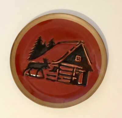 Rustic Lodge Plate Ceramic 10 1/2” Red And Black With Moose And Cabin ...