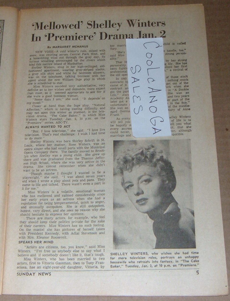 1962 TV ARTICLE~SHELLY WINTERS ACTRESS 1920-2006~DIARY OF ANNE FRANK | eBay