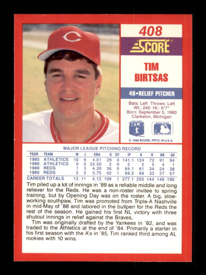 1990 Baseball Score Tim Birtsas Cincinnati Reds #408 | eBay