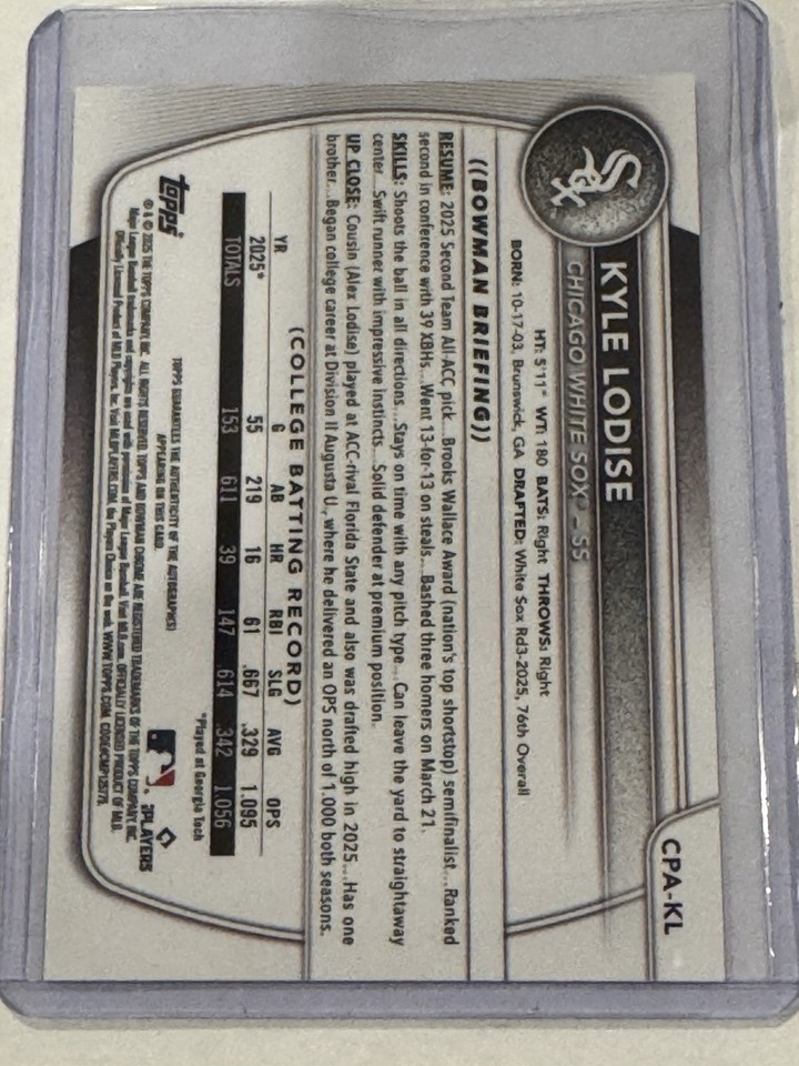 Kyle Lodise 2025 Bowman Chrome Draft #CPA-KL Purple Refractor Auto 1st ...