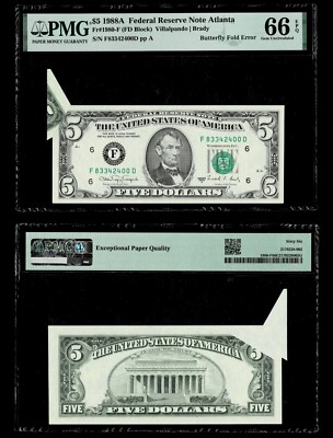 BUTTERFLY FOLD ERROR $5 1988-A FR NOTE FR.#1980-F ATLANTA , PMG GEM UNC ...