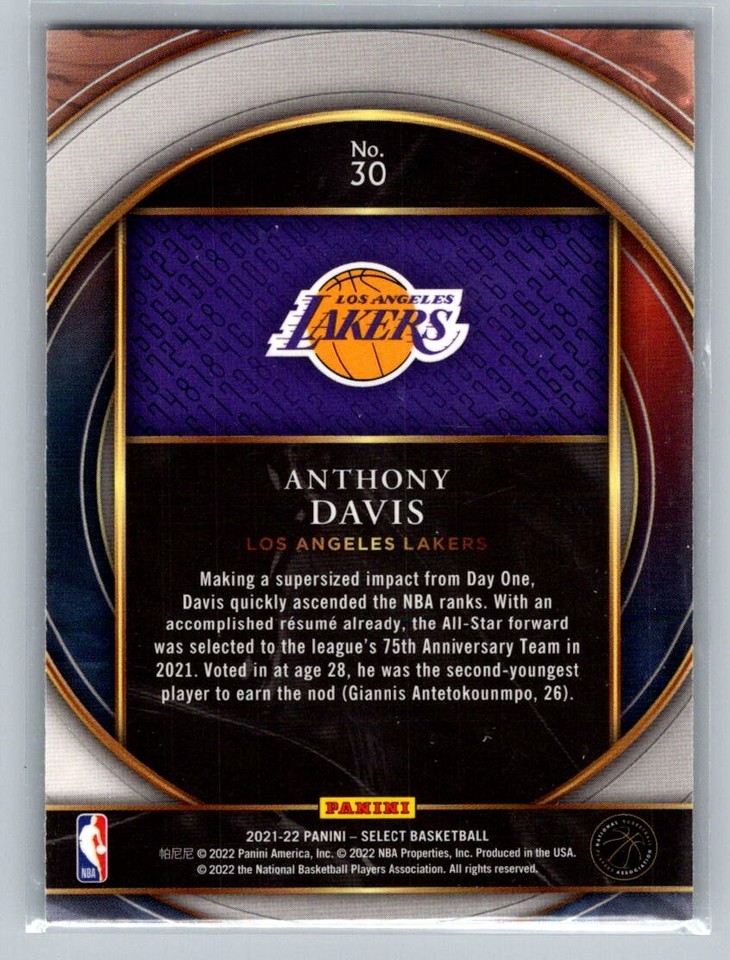 2021-22 Panini Select Numbers Anthony Davis Los Angeles Lakers #30 | eBay