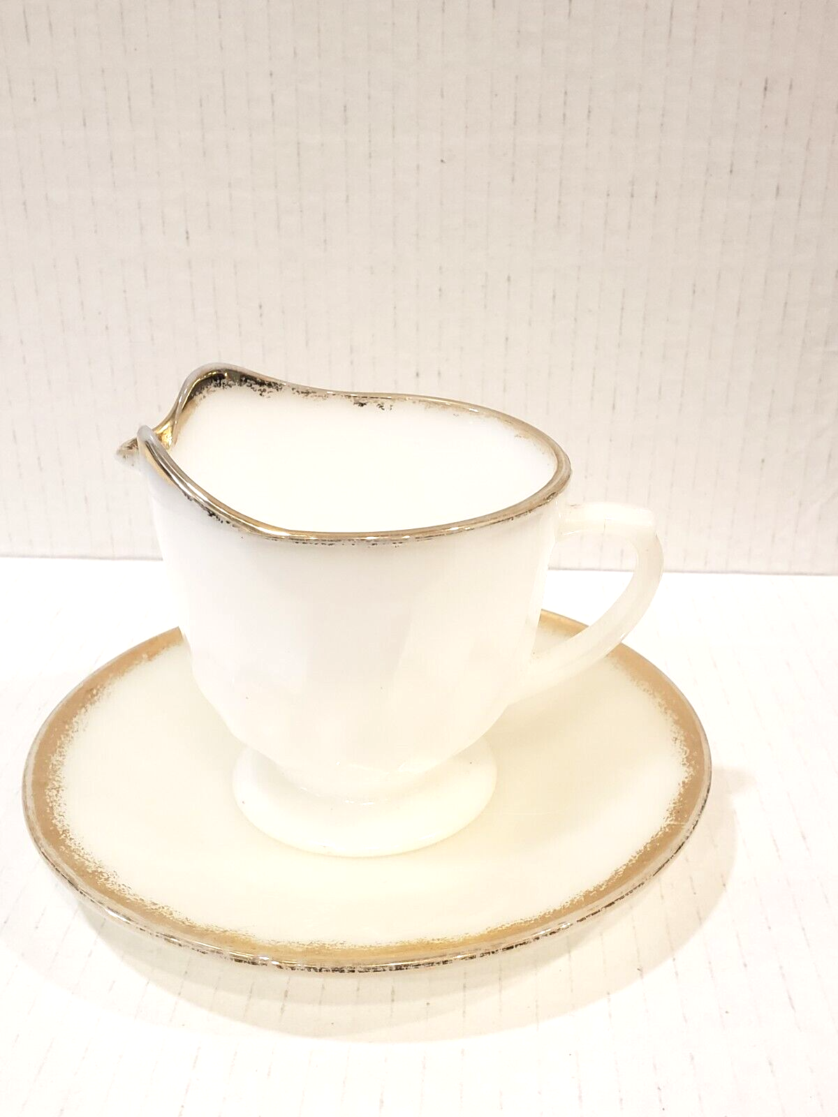 Vintage Fire-King White Milk Glass Swirl Creamer and Underplate Gold ...