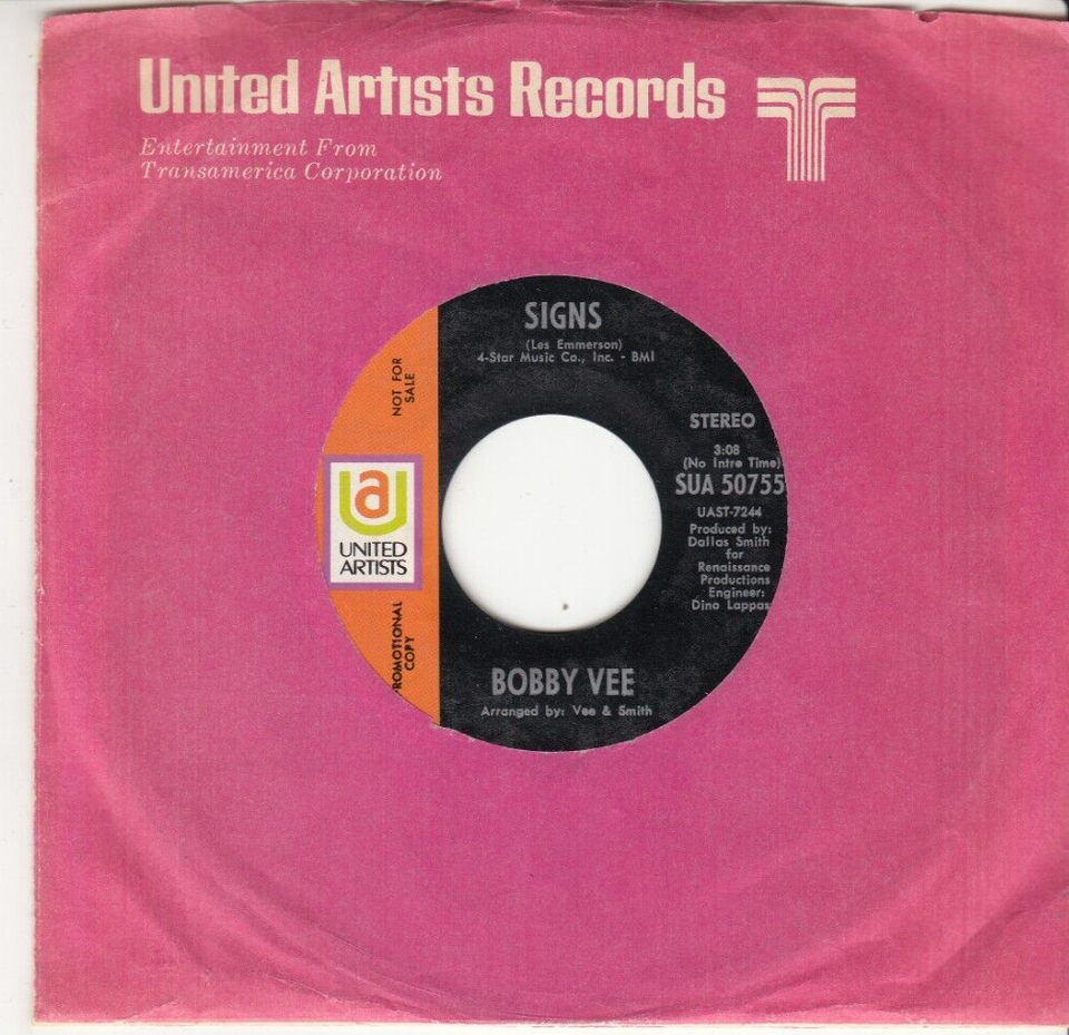 BOBBY VEE - SIGNS - PROMO UNITED ARTISTS RECORDS 45 - GREAT SHAPE | eBay