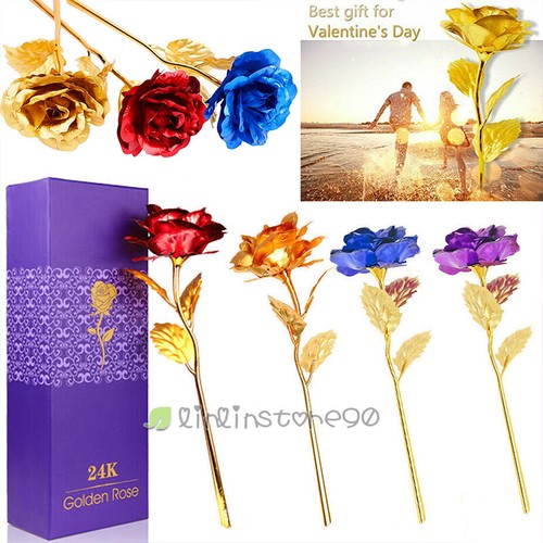 24K Gold Rose Foil Trim Dipped Real Flower Love Forever Women Valentine ...