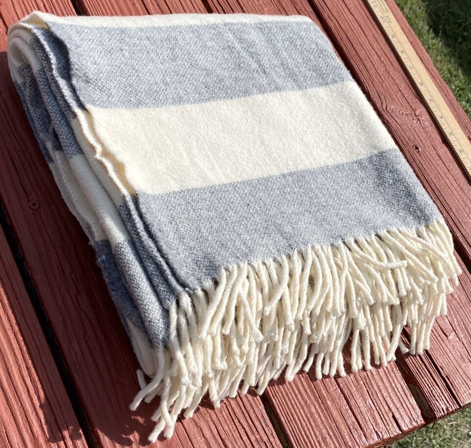 Fairbault Mill Cannon River Wool Blanket Gray Cream Handcrafted Stripe ...
