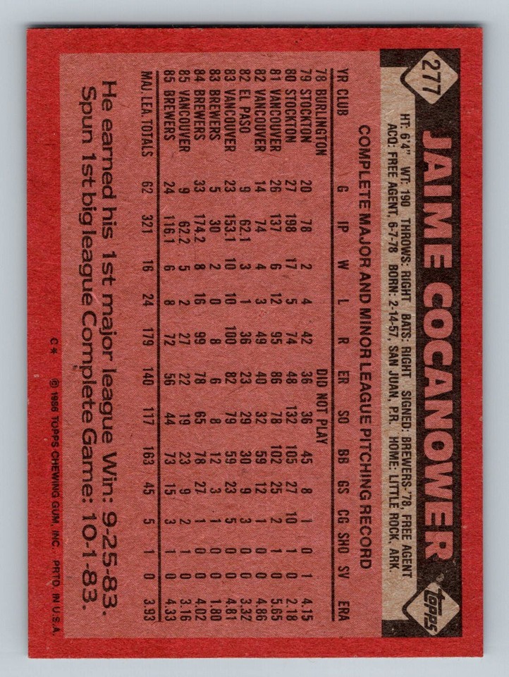 1986 Topps #277 Jaime Cocanower Milwaukee Brewers | eBay