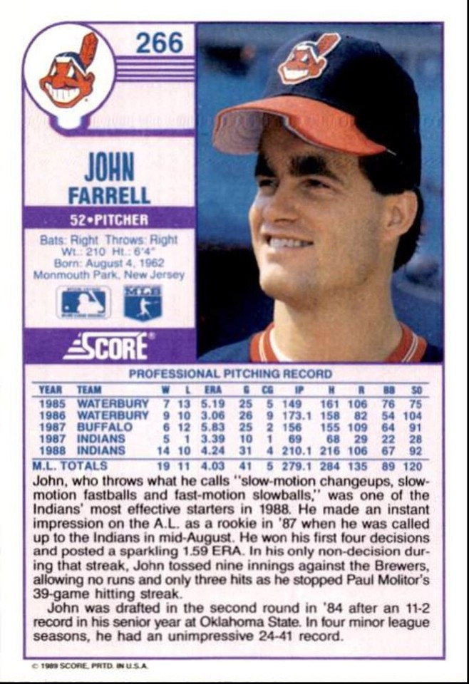 1989 Score Baseball Card John Farrell A Cleveland Indians #266 | eBay