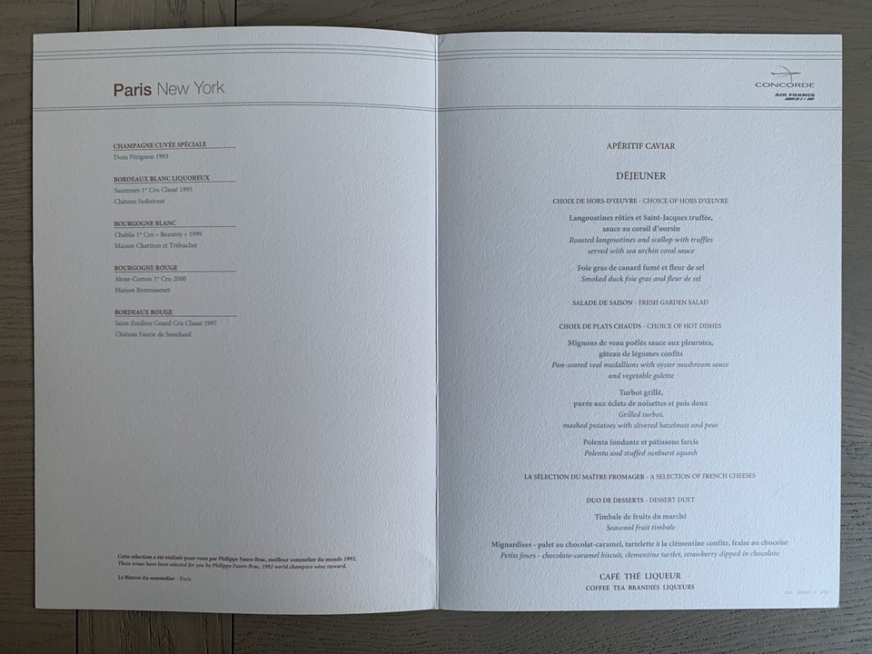 MENU Concorde Air France, Paris / New York, Jean BOGGIO (avril 2003) | eBay