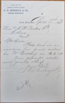 Avon, MT 1893 Letterhead: Gun Powder, Merchants - C. G. Birdseye ...