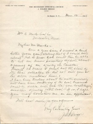 1918 Methodist Episcopal Church Pastor Letter De Ruyter NY Coal ...