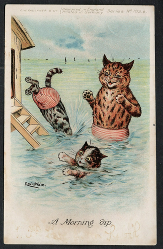 Louis Wain - Cats at Seaside "A Morning Dip" 1904 postcard - Faulkner ...