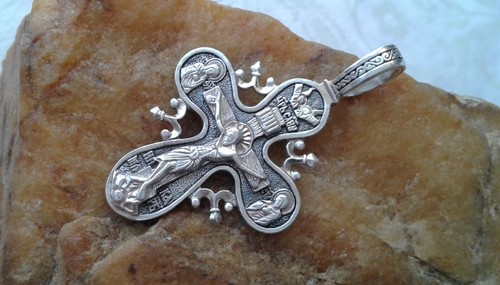VINTAGE SOLID STERLING SILVER ORTHODOX "SUN CROSS" CRUCIFIX with PSALM ...