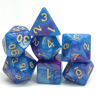 New 7 Piece Polyhedral Blend Light Blue Purple Dice Set With Dice Bag D ...