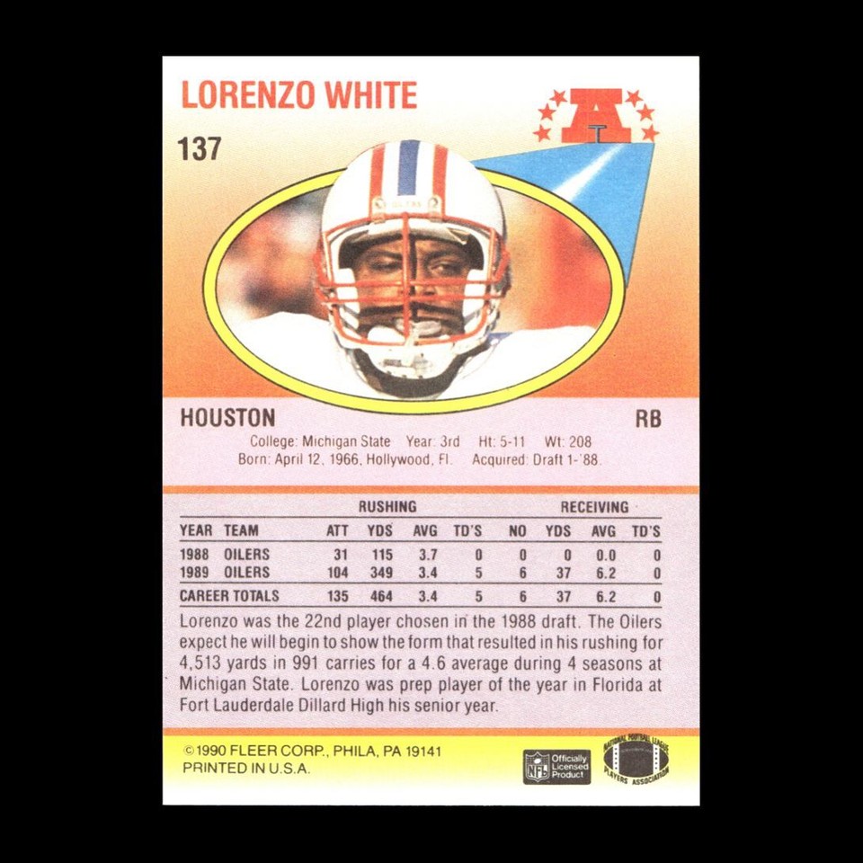 Lorenzo White 1990 Fleer Houston Oilers #137 R325B 39 | eBay