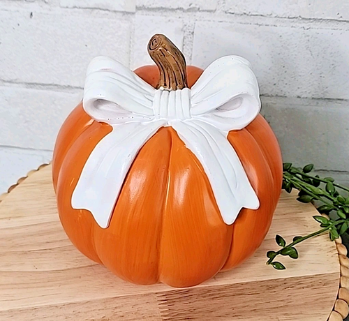 Orange Pumpkin White Bow Resin Figure Fall Halloween Thanksgiving 6"x5 ...