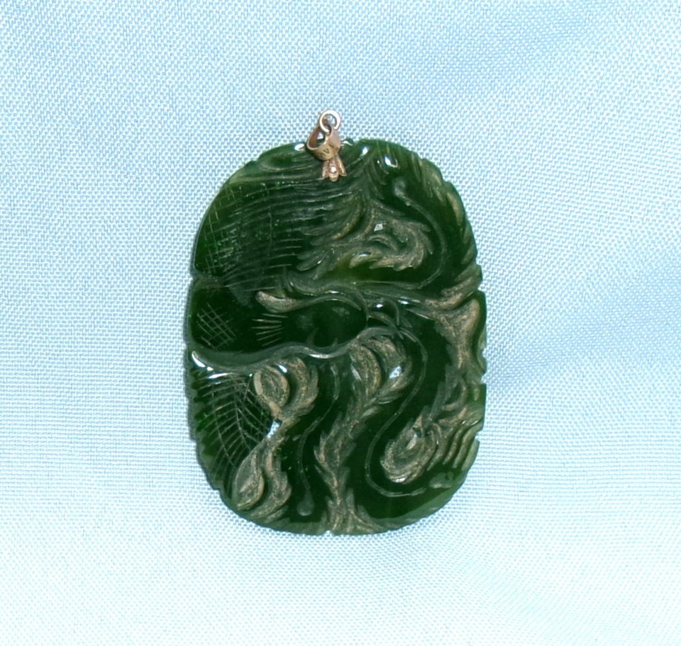 CARVED CHINESE DRAGON+PHOENIX JADE/NEPHRITE JADE PENDANT W/14K YELLOW ...
