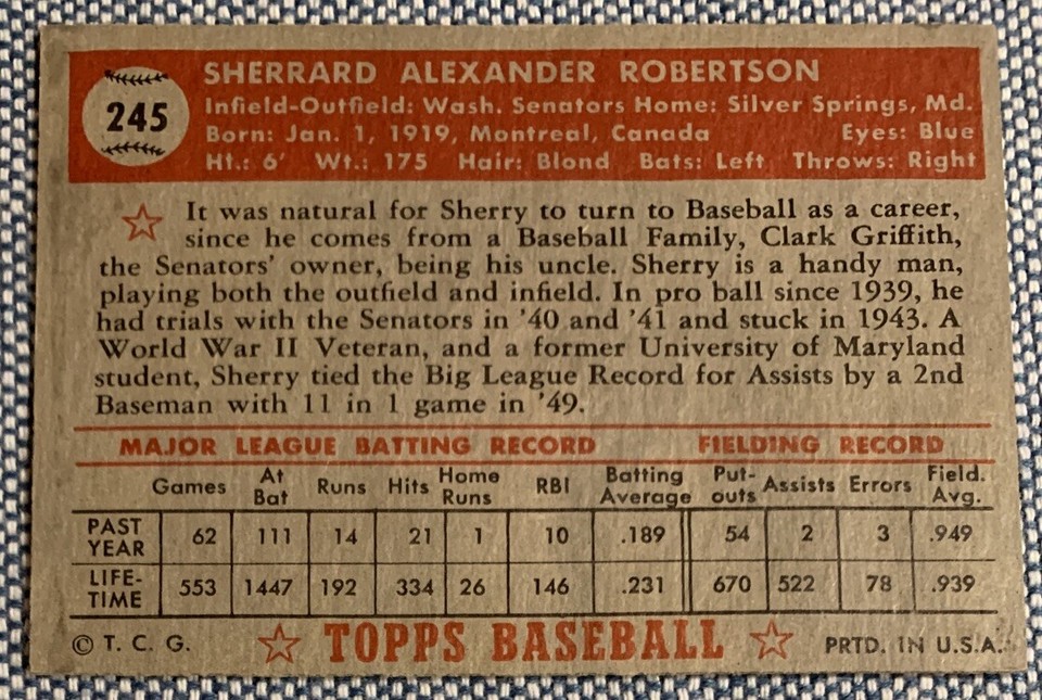 Sherry ROBERTSON 1952 Topps Baseball #245 VG/EX Washington Senators | eBay