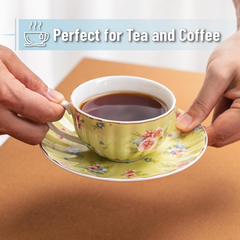 Tea Set, Flower Tea Cup (7 oz), Teacup and Tea Tray Set, Porcelain Tea ...