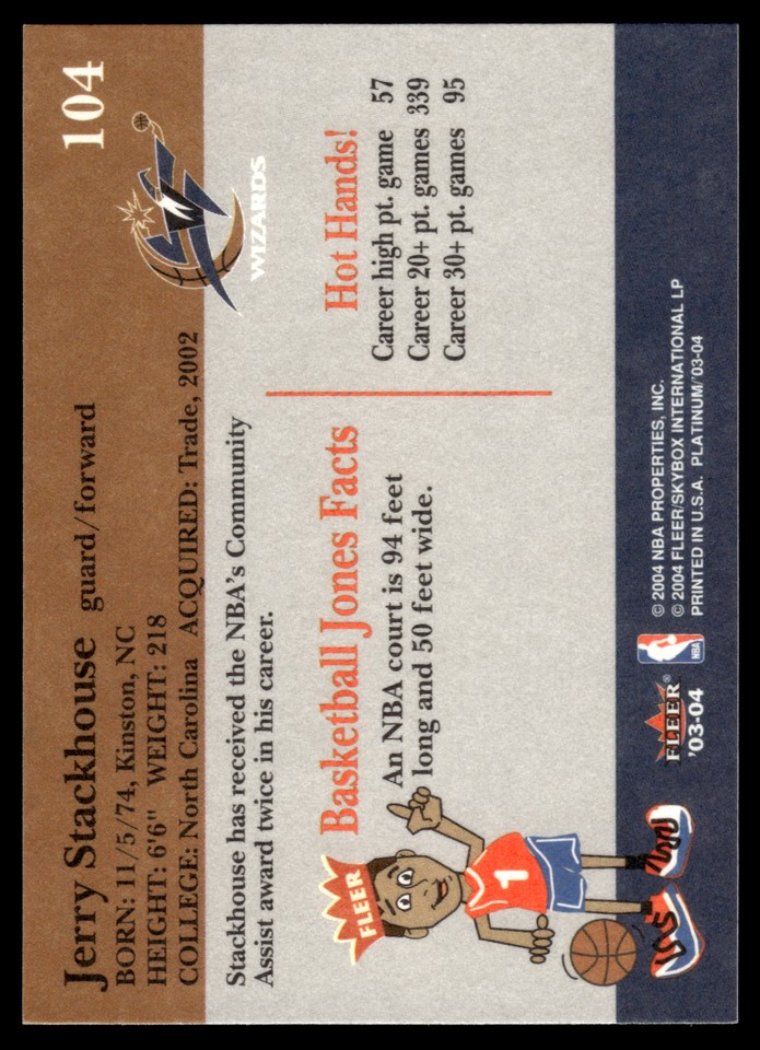 2003-04 Fleer Platinum #104 Jerry Stackhouse Washington Wizards | eBay