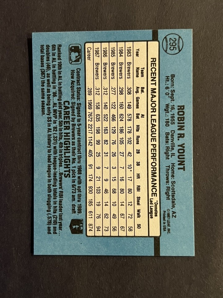 Robin Yount 1988 Donruss #295 Milwaukee Brewers Hall of Fame HOF FREE ...