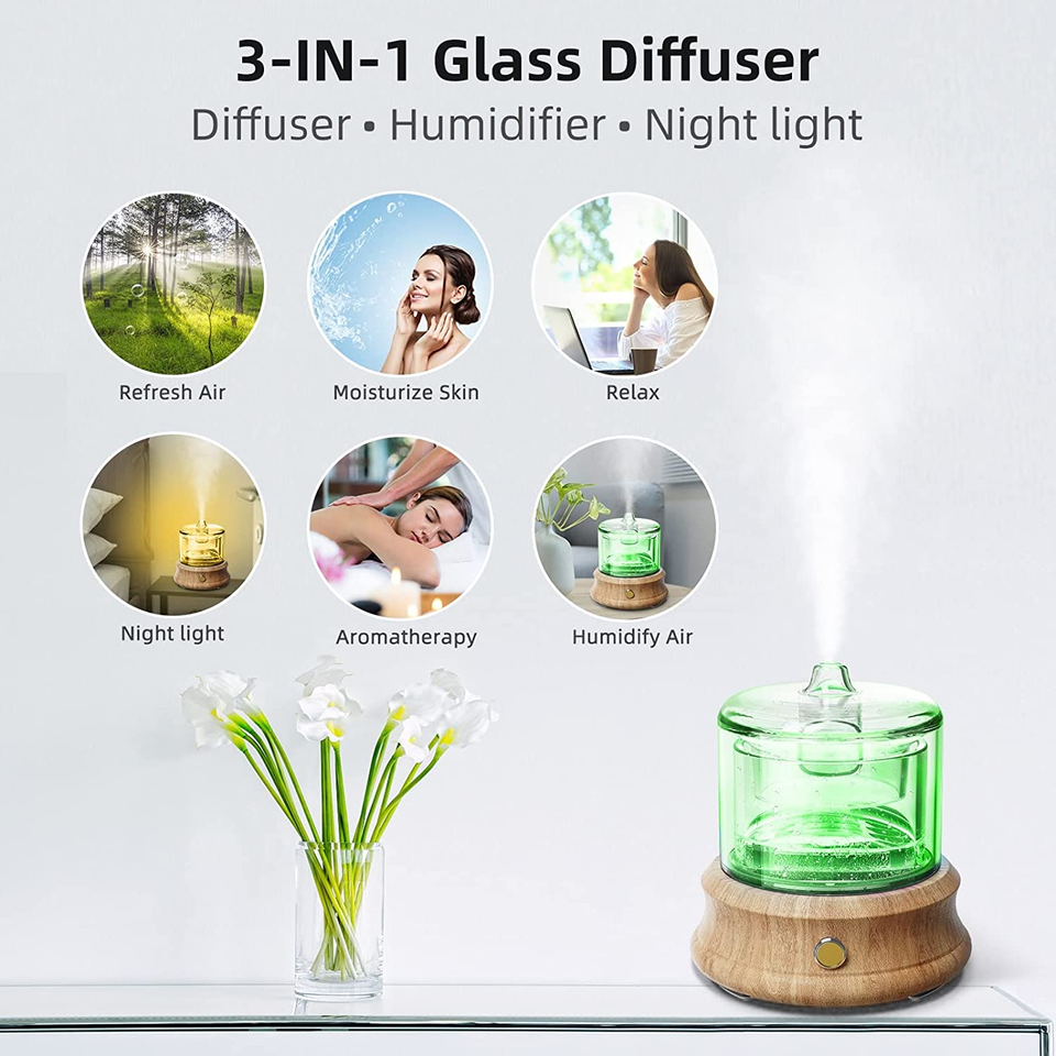 Glass Essential Oil Diffuser Humidifier, [Plastic Free] Glass Reservoir ...