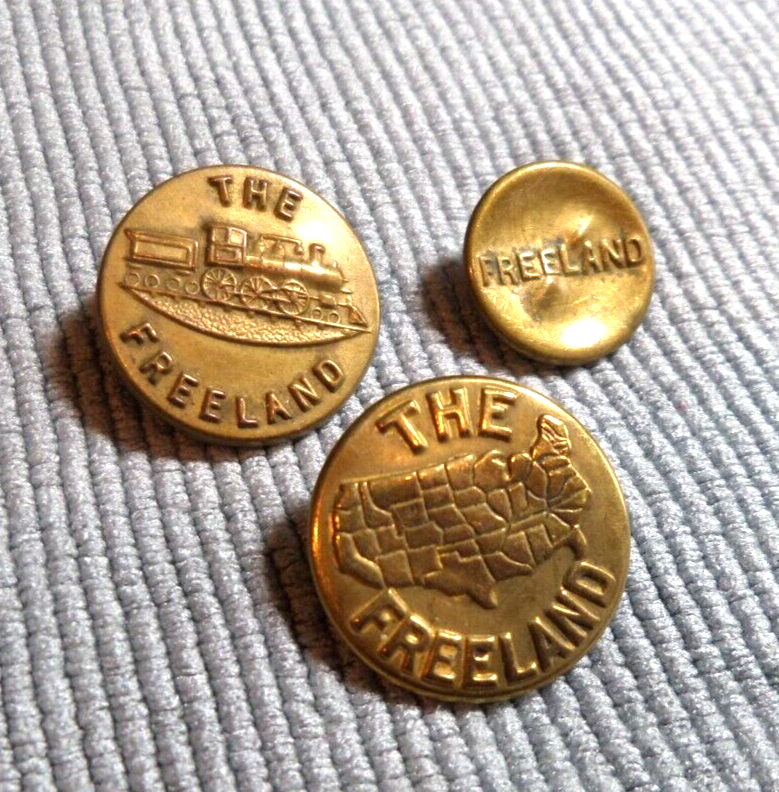 3 Antique Metal Picture Verbal Work Buttons THE FREELAND Railroad ...