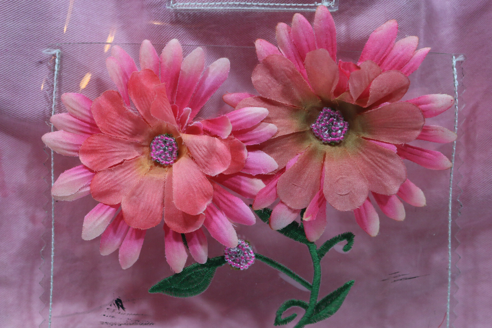 BEBE Clear Purse Tote Pink Plastic Bag Transparent Flower Embroidery ...