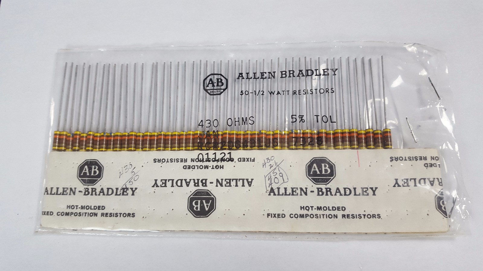 Lot 45 Allen Bradley Resistor 430 Ohm 1/2 Watt 5% Original Package NOS ...