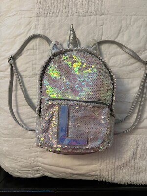 Justice Girls Mini Backpack Silver Unicorn Flip Sequin Initial "L” | eBay