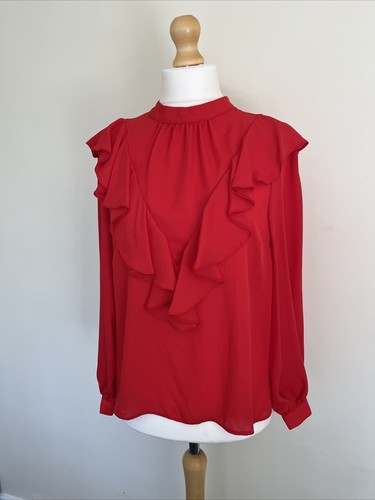 Ladies Red Long Sleeve Frill Chest Top, Slightly Sheer, Sizes 8-14 ...