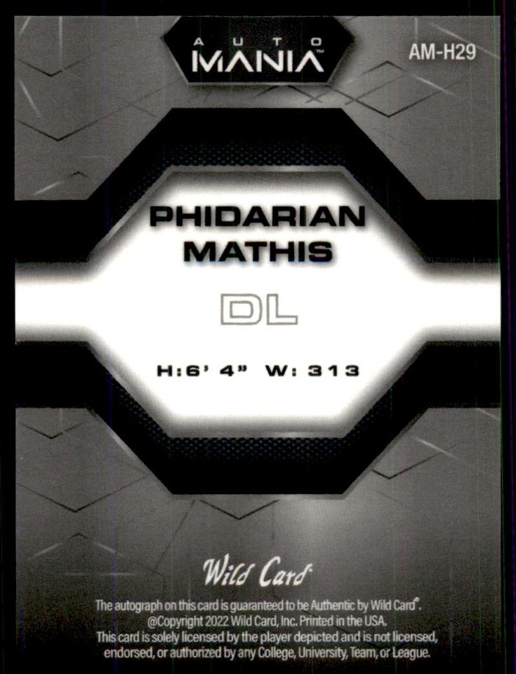 2022 Wild Card Auto Mania - Hex Sparkles Blue #AM-H29 Phidarian Mathis ...