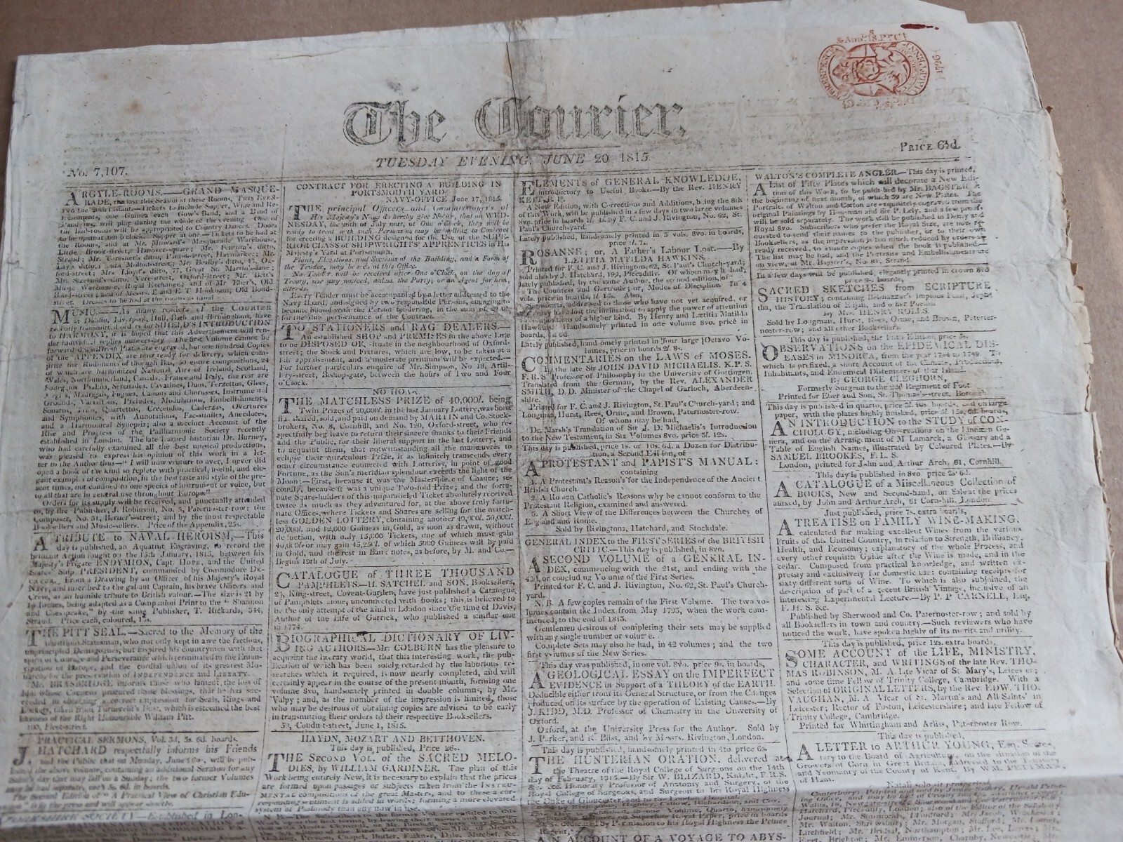 NEWSPAPER - THE COURIER - BATTLE WATERLOO - REPULSE OF BONAPARTE - JUNE ...
