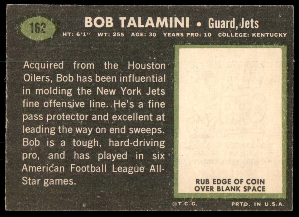 1969 Topps Football Bob Talamini (A) New York Jets #162 | eBay