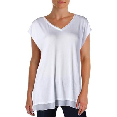 Marled Essentials Size L T-Shirt White V-Neck Chiffon Trim Cap Sleeve ...