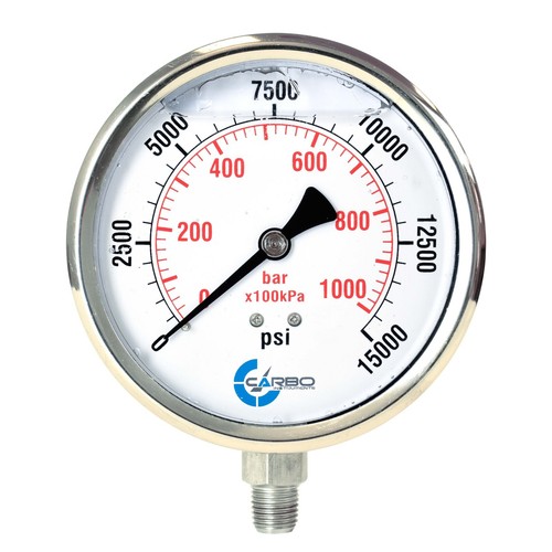 4" Pressure Gauge, Stainless Steel Case, Liquid Filled, Lower Mnt 15000 ...
