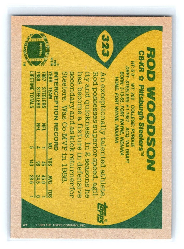 1989 Topps #323 Rod Woodson Rookie Pittsburgh Steelers NM-MT | eBay