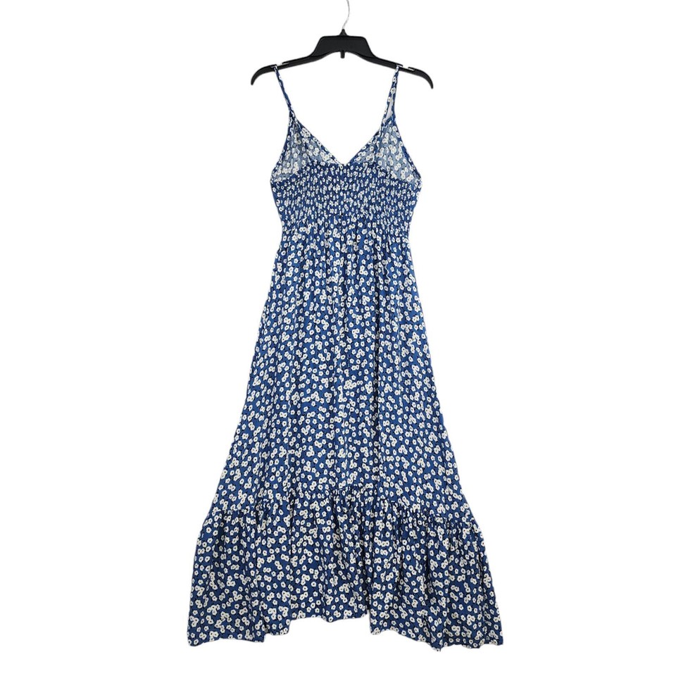 Womens Blue Floral Sundress Maxi Dress Spaghetti Strap Hi Low Ruffle M ...