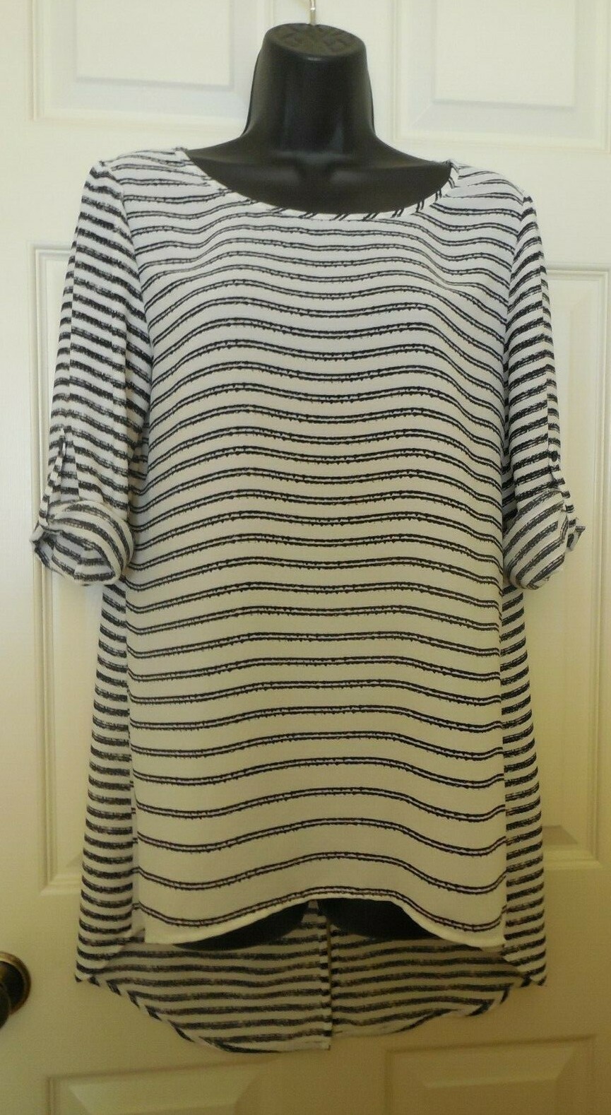 CHICO'S Black/White Striped Roll Tab Sleeves Tunic Top ~ Women's Chico ...