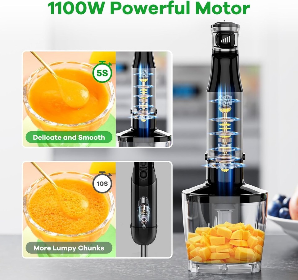 Powerful 1100W Hand Blender Stick, 5-in-1 Emulsifier for Smoothies ...