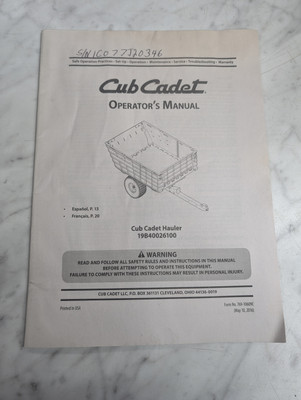 CUB CADET OPERATOR'S SERVICE MANUAL PARTS LIST BOOK HAULER 19B470026100 ...