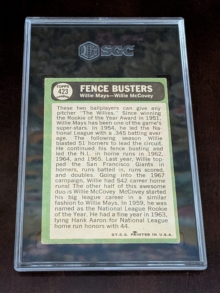 1967 Topps Baseball 423 Willie Mays/Willie McCovey Fence Busters SGC 4 ...