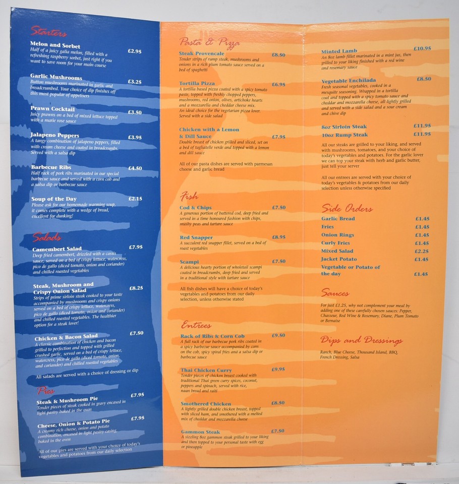 1990s Potters Restaurant Bar Menu Travel Inn Oakley Road Leagrave Luton ...