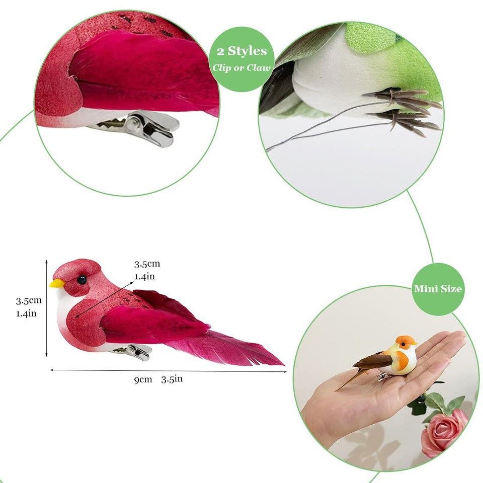 12pcs Clip on Artificial Birds for Decoration, 3.5-Inch Colorful Foam ...