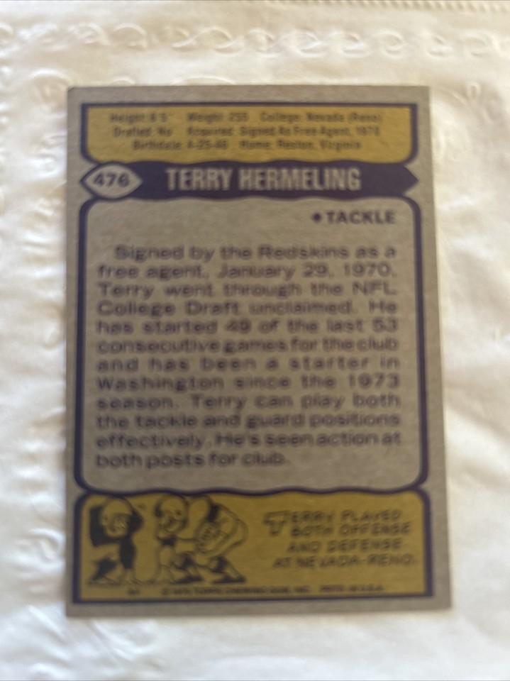 1979 Topps Football Card #476 Terry Hermeling Washington Redskins NmMt ...